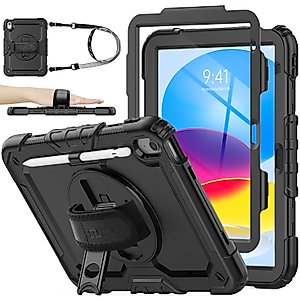 SEYMAC stock Case for iPad 10th Generation 10.9'', Full-Body Drop Protection Case with Screen Protector &360° Rotate Hand Strap/Stand, Black
