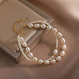 KVLmoze Layered Pearl Bracelets Vintage Stylish 3-5mm Handpicked Double Layer Pearl Strand Bracelet for Girls Women