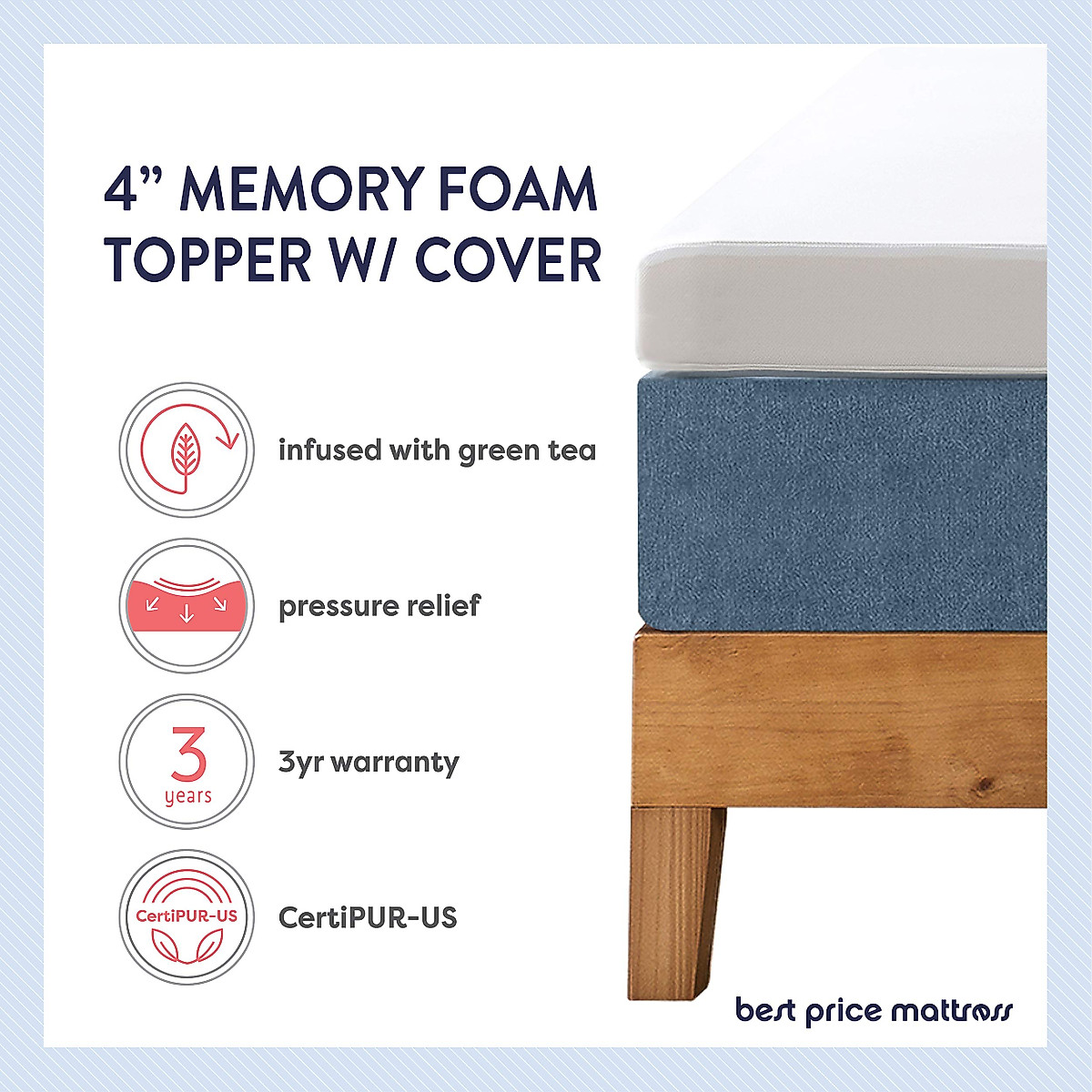 Mellow 4 Inch Memory Foam Mattress Topper with Cover, Calming Green Tea Infusion, Short Queen