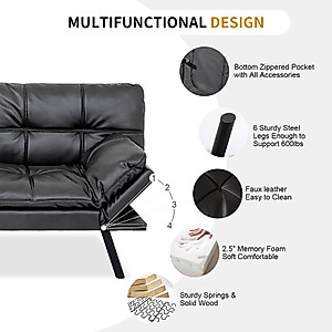 MUUEGM Faux Leather Futon Bed, Convertible Memory Foam Sofa Bed, Modern Love Seat for Living Room,Compact Space,Apartment,Office,Adjustable Backrests Armrests Couch Sleeper,71" Sofas, Matte Black
