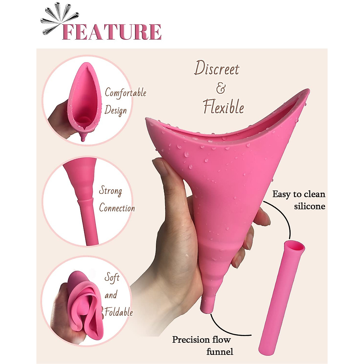 ABXLNIU Female Urination Device with Pee Cup, Travel Essentials Female Urinal for Women, Reusable Womens Pee Funnel Camping/Hiking Gear Gifts for Women, Pink