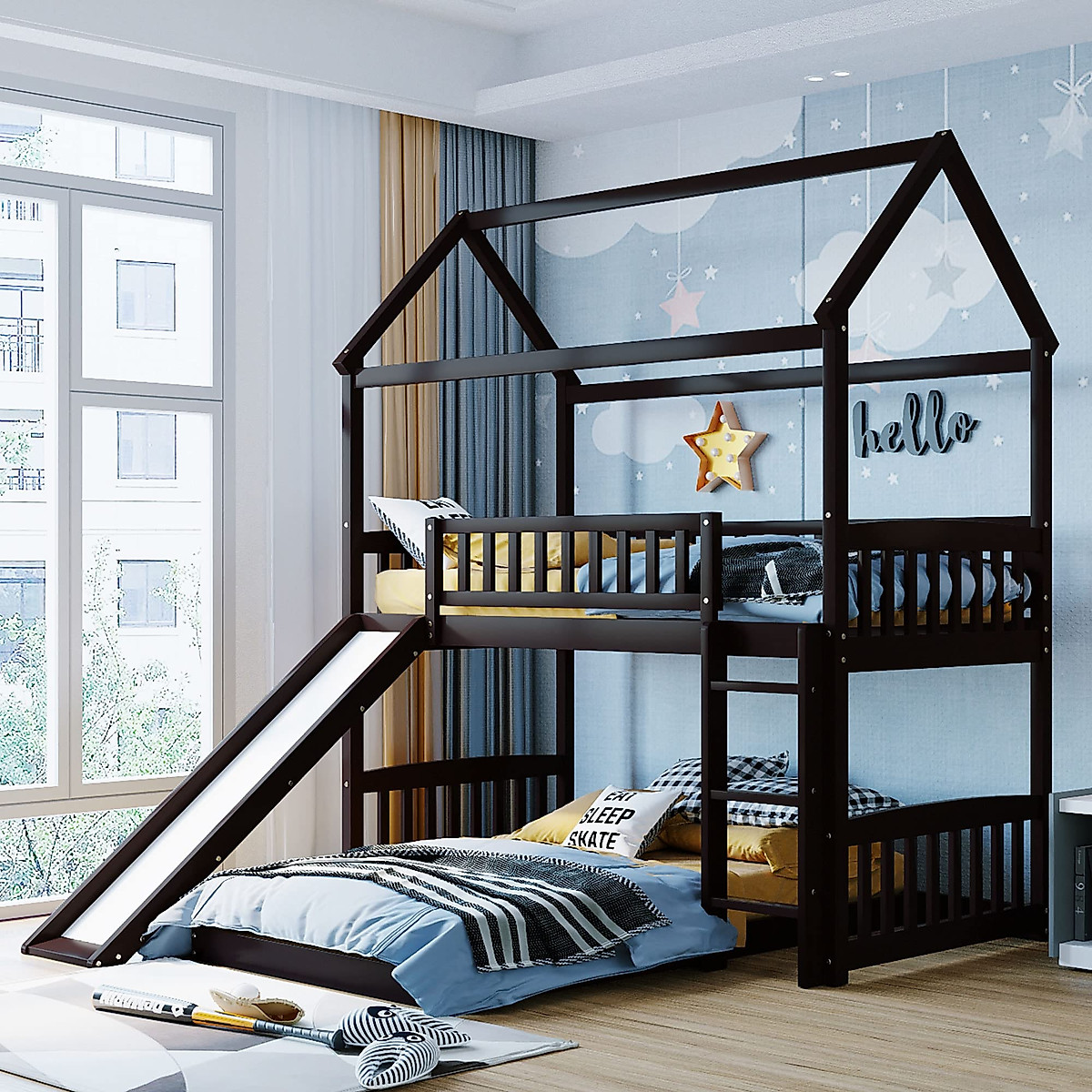 BIADNBZ L-Shaped House Bunk Bed, Twin Over Twin Size Beds with Slide and Roof, Wood Floor Bunkbed Frame, Space-Saving Design, Espresso