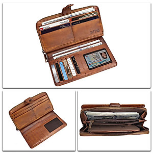 Women Wallet Genuine Leather Long Purse Zip Around Vintage Cowhide Handmade Clutch Card Holder Organizer (Brown)