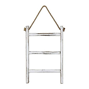 Erhai 3-Tier Mini Whitewashed Wood Wall- Hand Towel Storage Ladder with Rope