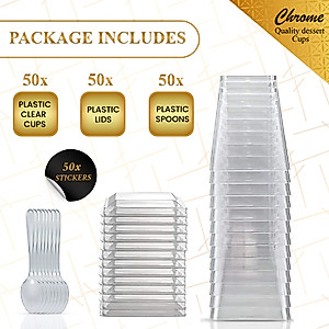 Chrome 50Pack 5oz Plastic Dessert Cups with Lids & Spoons - Ice cream Cups with Stickers, Serving Fruit Trifle Mousse Pudding and More (5oz/ 150ml)