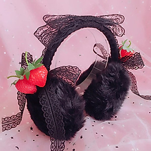kaixinbukaixin Ear Muffs Cat Ear White Strawberry Black Lolita Cute Ear Muffs Winter Ear Warmers Faux Fur Outdoor Ear Covers,White Strawberry