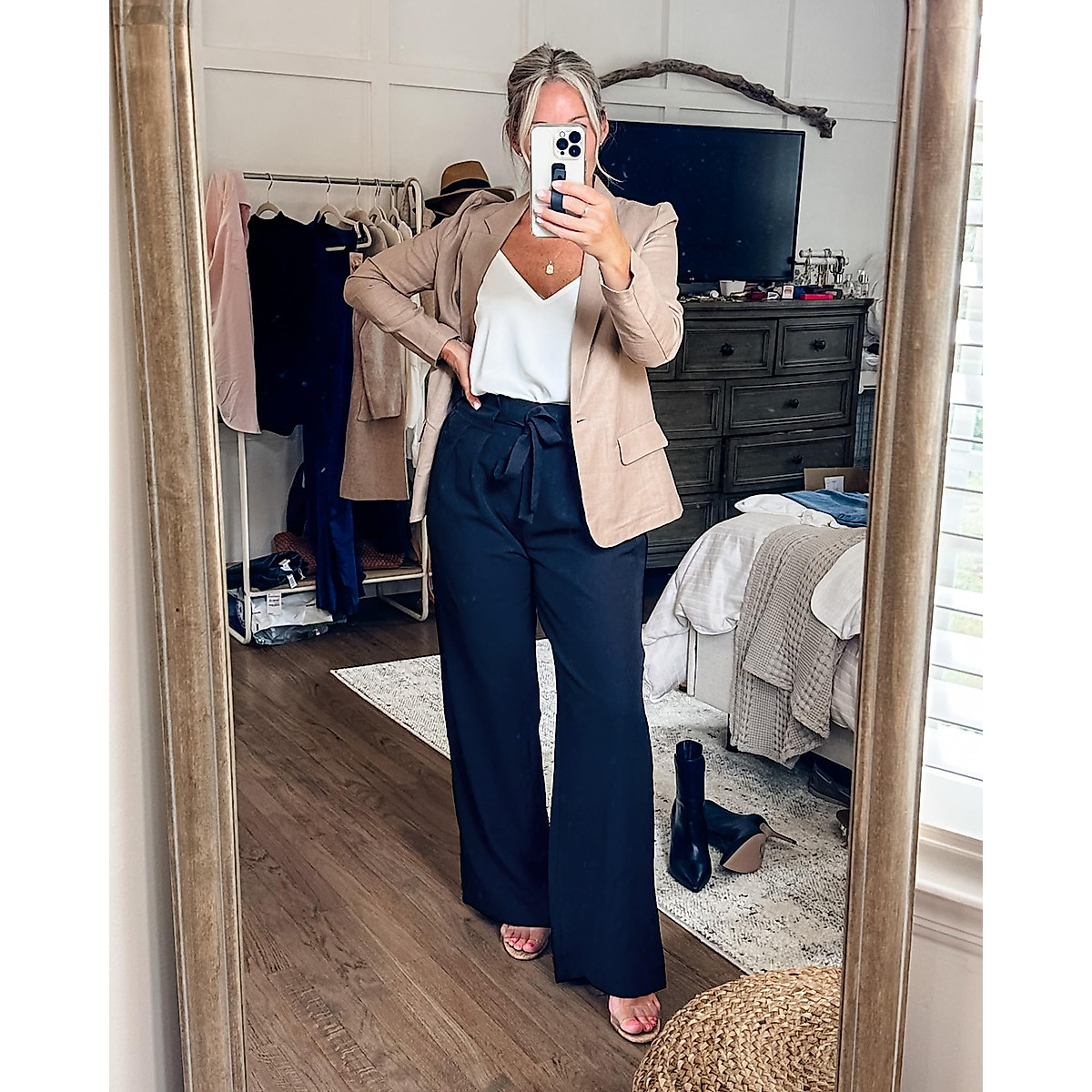 GRAPENT Women's Summer Business Casual Wide Leg Pleated Front Navy Blue Pants Size L