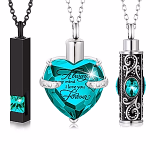 3 Pieces Cremation Urn Necklace for Ashes Keepsake Cremation Jewelry Vertical Bar Zircon Crystal Urn Necklace Urn Stainless Steel Memorial Pendant for Women Men Loved Ones (Light Blue Zircon)