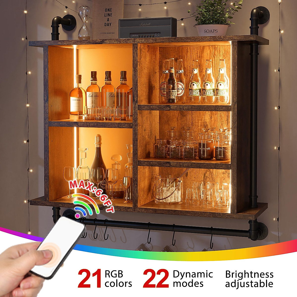 REIBII 37" Floating Shelves for Wall with Led Wall Shelves for Kitchen Storage Industrial Pipe Shelving with 8 S-Hook Wood Wall Mounted Shelves for Bathroom Wall Wine Coffee Bar Rack Halloween Decor