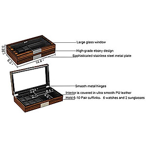 Lifomenz Co Watch Jewelry Box for Men 6 Slot Watch Box,6 Watch Case 8 Pair Cufflinks and Sunglasses Display Box,Wood Large Watch Display Case Organizer with Real Glass Window Top