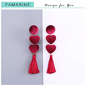 FAMARINE Red Heart Tassel Earrings, Velvet Double Heart Shape Fringe Drop Earrings Christimas, Red
