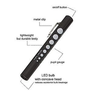 Reusable Nurse Aluminum Penlight Pocket Medical LED with Pupil Gauge - Batteries Included - Nurse Starter Kits Nurse Gift for Medical Staff EMTs Paramedics Doctors First Responders (Black)