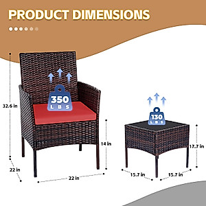 PAIQIAN Patio Porch Furniture Sets 3 Pieces PE Rattan Wicker Chairs with Table Tempered Glass Outdoor Garden Furniture Sets for Balcony Garden Porch Backyard(Brown/Red)