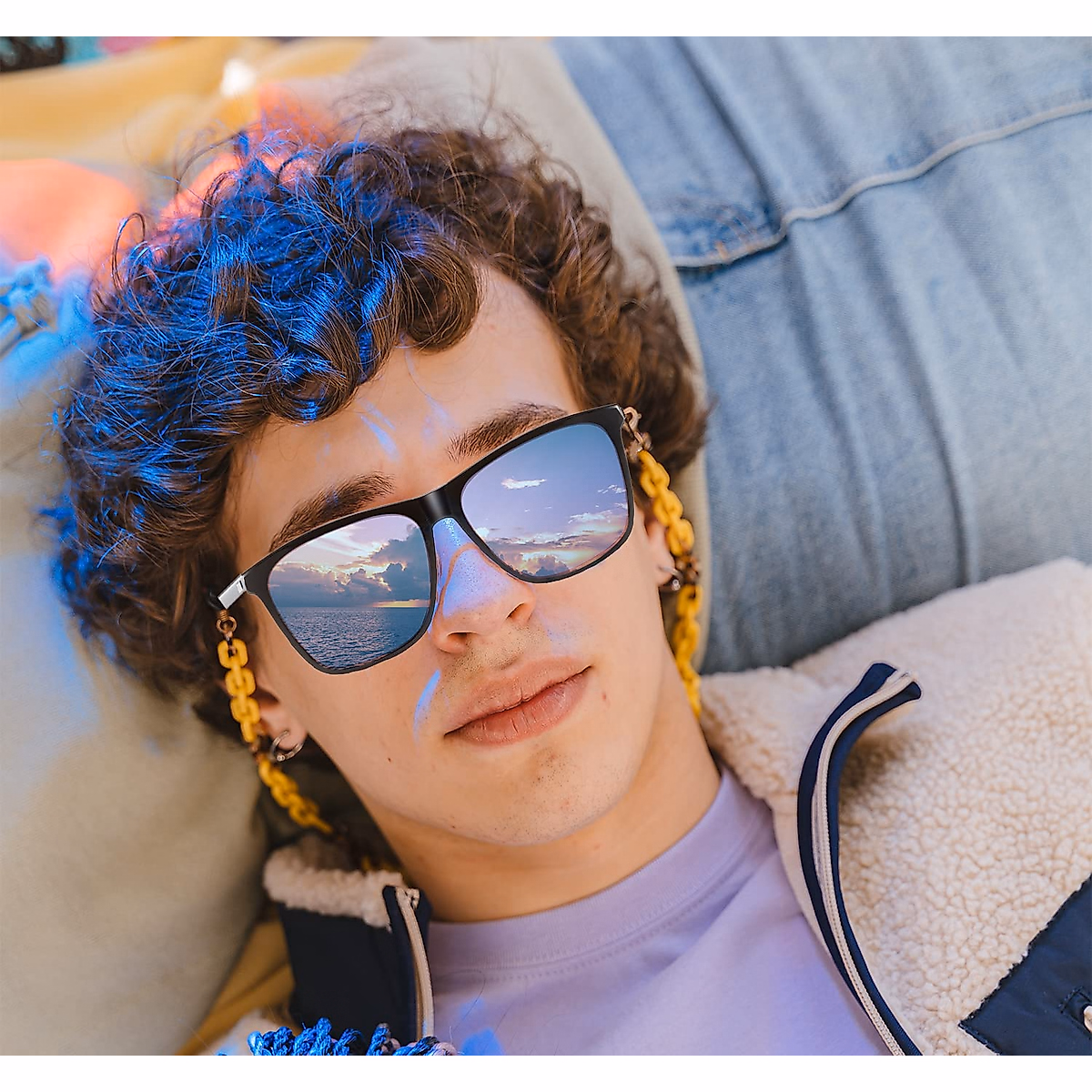 Men's and women's fashion square frame aluminum magnesium leg polarized sunglasses UV400 protection (L-A387 black+blue+pink)