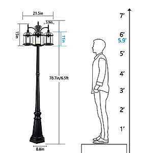 CINOTON Outdoor Lamp Post Light, 3-Head Surface-Mount Post Waterproof Outside Pole Light Aluminum, Black Birdcage Design Outdoor Street Light Pole Lamp Triple-Head for Backyard, Patio, Garden, Walkway