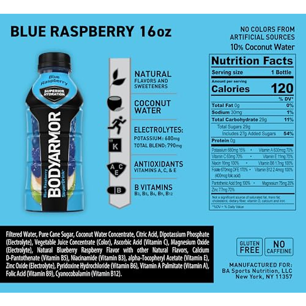 BODYARMOR Sports Drink Sports Beverage, Blue Raspberry, Coconut Water Hydration, Natural Flavors With Vitamins, Potassium-Packed Electrolytes, Perfect For Athletes, 16 Fl Oz (Pack of 12)
