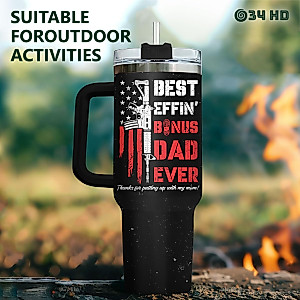 34HD Best Bonus Dad Tumbler with Handle & Straw, 40oz Vacuum Insulated Stepdad Cup with Nutrition Facts, Birthday Christmas Father Day Gifts for Adopted Stepup Dad Chosen Papa Stepfather