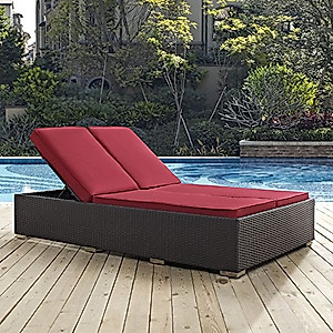 Modway Convene Wicker Rattan Outdoor Patio Upholstered Double Chaise Chair in Espresso Red