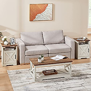 AMERLIFE 3-Piece Farmhouse Table Set Includes Coffee Table& Two End Tables, Side Table with Charging Station and USB Ports, for Living Room, Bedroom, Distressed White