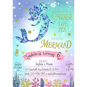 SamPartyShop Mermaid Invitations with Envelopes,Magical Glitter Mermaid Party Invitations,20 Fill in Mermaid Birthday Invitation Under The Sea Invitations