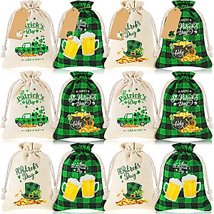 20 Pieces St Patrick's Day Party Favor Bags with Drawstring 4 x 6 Inches Lucky Shamrock Cotton Candy Pouch Sacks Irish Gift Plaid Treat Bag with 20 Tags for Saint Patrick's Day Irish Party Supplies