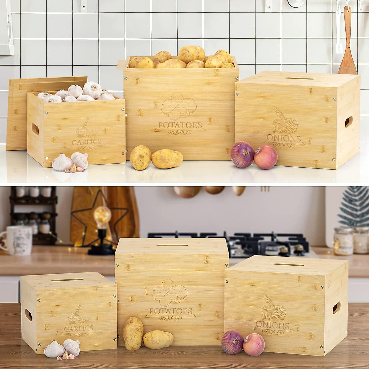 G.a HOMEFAVOR Large Potato and Onion Storage Bamboo Bin, 3 Piece Garlic Potato Onion Container, Vegetable Keeper, Bamboo Produce Box Sets for Family (Self-assembly)