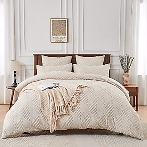 YASMENG Beige Duvet Cover Set Queen Size - Boho Tufted Jacquard with Geometric Plaid Pattern Comforter Cover Shabby Chic Embroidery Bedding Khaki Soft Microfiber Farmhouse Tufts Textured Duvet Cover