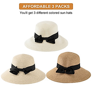 MEINICY 3PCS Sun Hat Beach Straw Hat for Women Wide Brim Foldable Roll up Summer UPF 50+ Hat (Ivory+Brown+Beige)