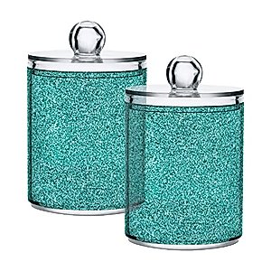 MCHIVER Teal Green Turquoise Glitter Bathroom Canisters Organizer 2 Pack Clear Plastic Jars with Lids 10 Oz Makeup Organizer for Cotton Ball Swab Round Pads Floss