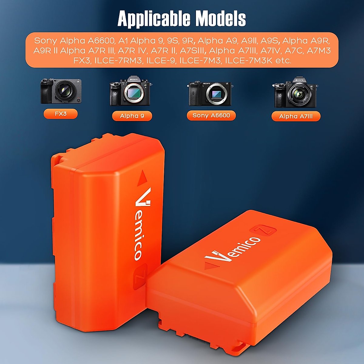 Vemico NP-FZ100 Battery Charger Set Z-Series 2 X 2280mAh Replacement Batteries with LCD Type-C Charger for Alpha A6600/A7III/A7R III/FX3/A1/A7 RIII/A7S III/A7C/A9/A9S/A9R/A7IV/A7R4 etc.