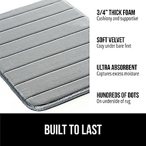 Gorilla Grip Thick Striped Memory Foam Bath Rugs, Soft Absorbent Velvet Bathroom Mats, Dots on Underside, Machine Washable Bathmat, Carpet Rug Room Décor for Shower Floor, 24x17 Mat, Gray