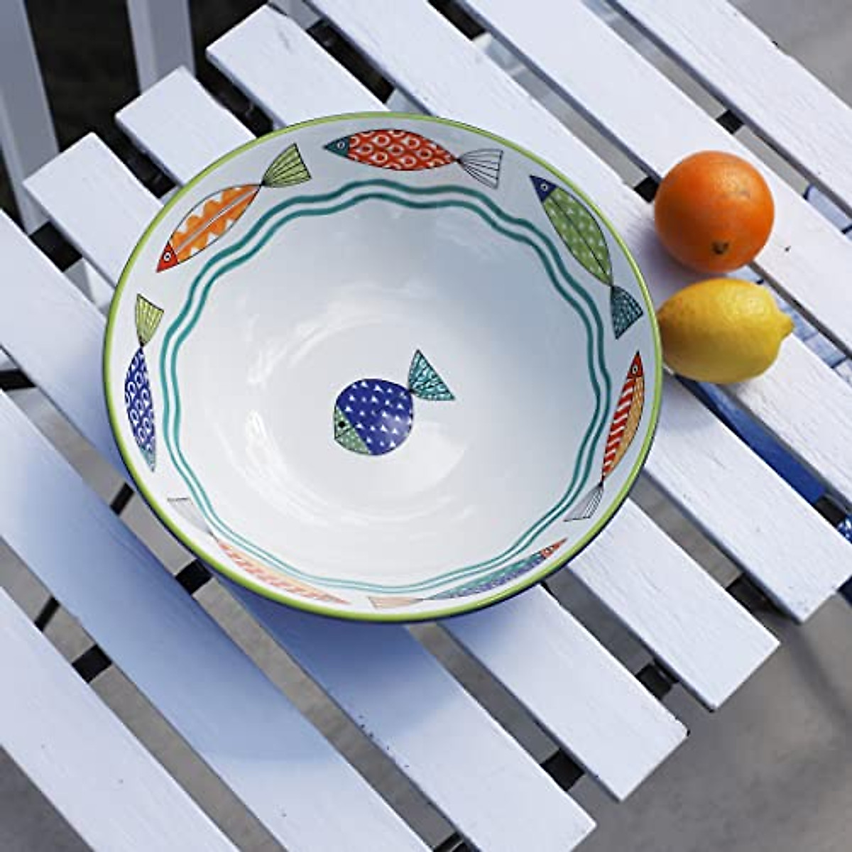 Euro Ceramica FreshCatch Collection 13-Inch Large Serving Bowl - Indoor/Outdoor Use - Colorful Cute Fish Pattern on White (FRC-86-3913)
