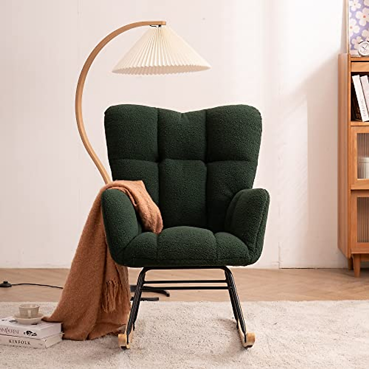Krinana Teddy Fabric Nursery Rocking Chair, Rocker Armchair with Solid Wood Legs, Glider Chair Nursery with High Backrest for Living Room Apartment (Teddy Fabric,Green)