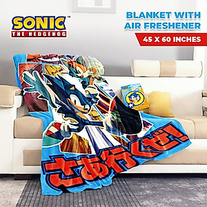 JUST FUNKY Sonic The Hedgehog Merch | Sonic The Hedgehog Fleece Throw Blanket & Vanilla Air Freshener Gift Set | Sonic and Tails Throw Blanket | 45 x 60 Inches | Officially Licensed Product
