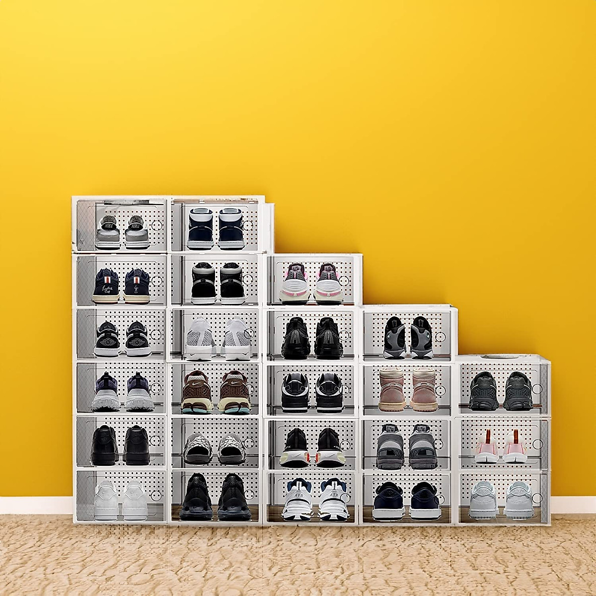 Hourleey 12 Pack Shoe Storage Box, Clear Plastic Stackable Shoe Organizer for Closet, Space Saving Foldable Shoe Rack Sneaker Containers Holders with Lids