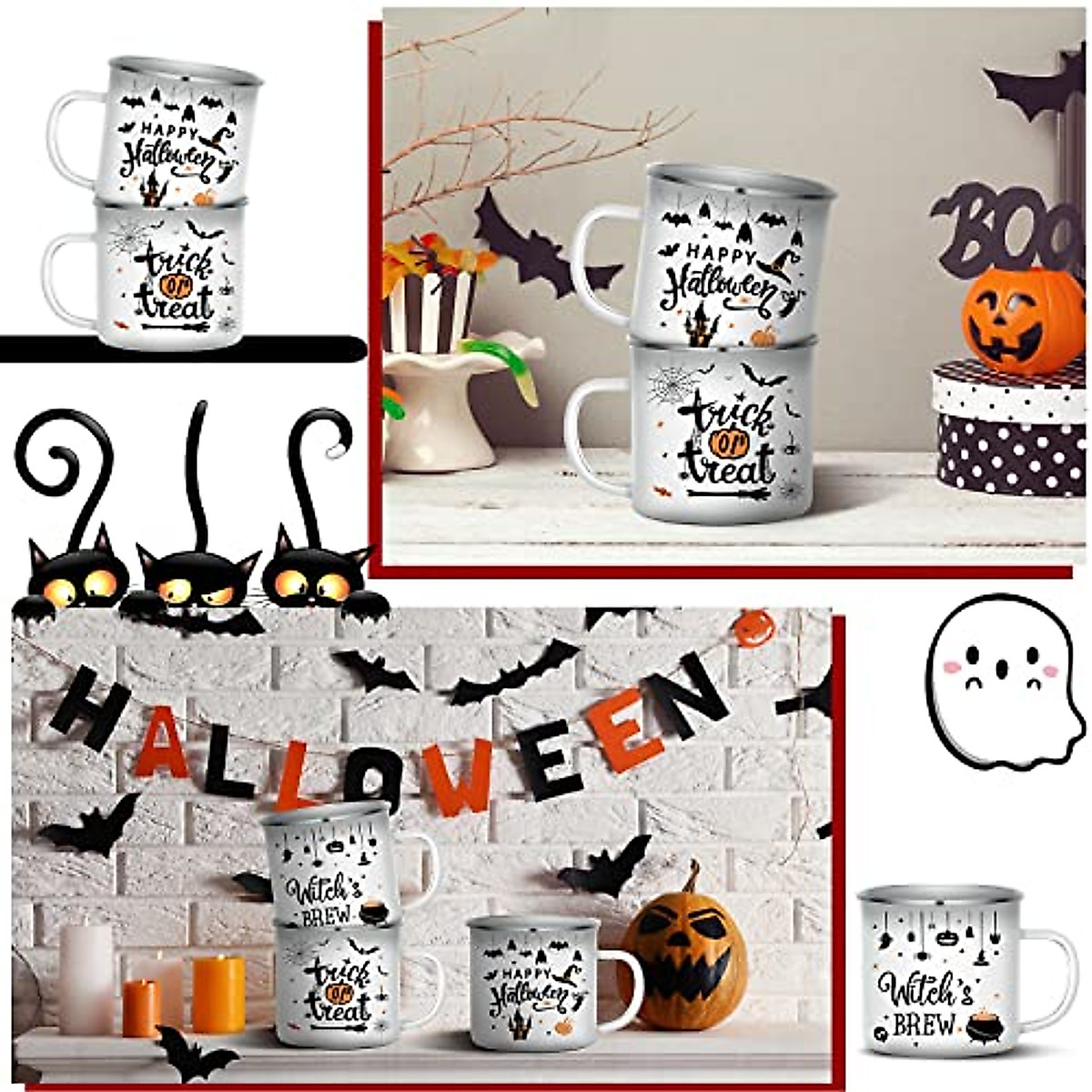 3 Pieces Halloween Coffee Mugs 16 oz Enamel Mugs Witch's Brew Trick or Treat Happy Halloween Coffee Cups Nice Present for Friend, Mom, Sister, Coworker (Bat Style)