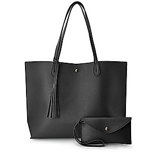 Minimalist Clean Cut Pebbled Faux Leather Tote Womens Shoulder Handbag (Black)