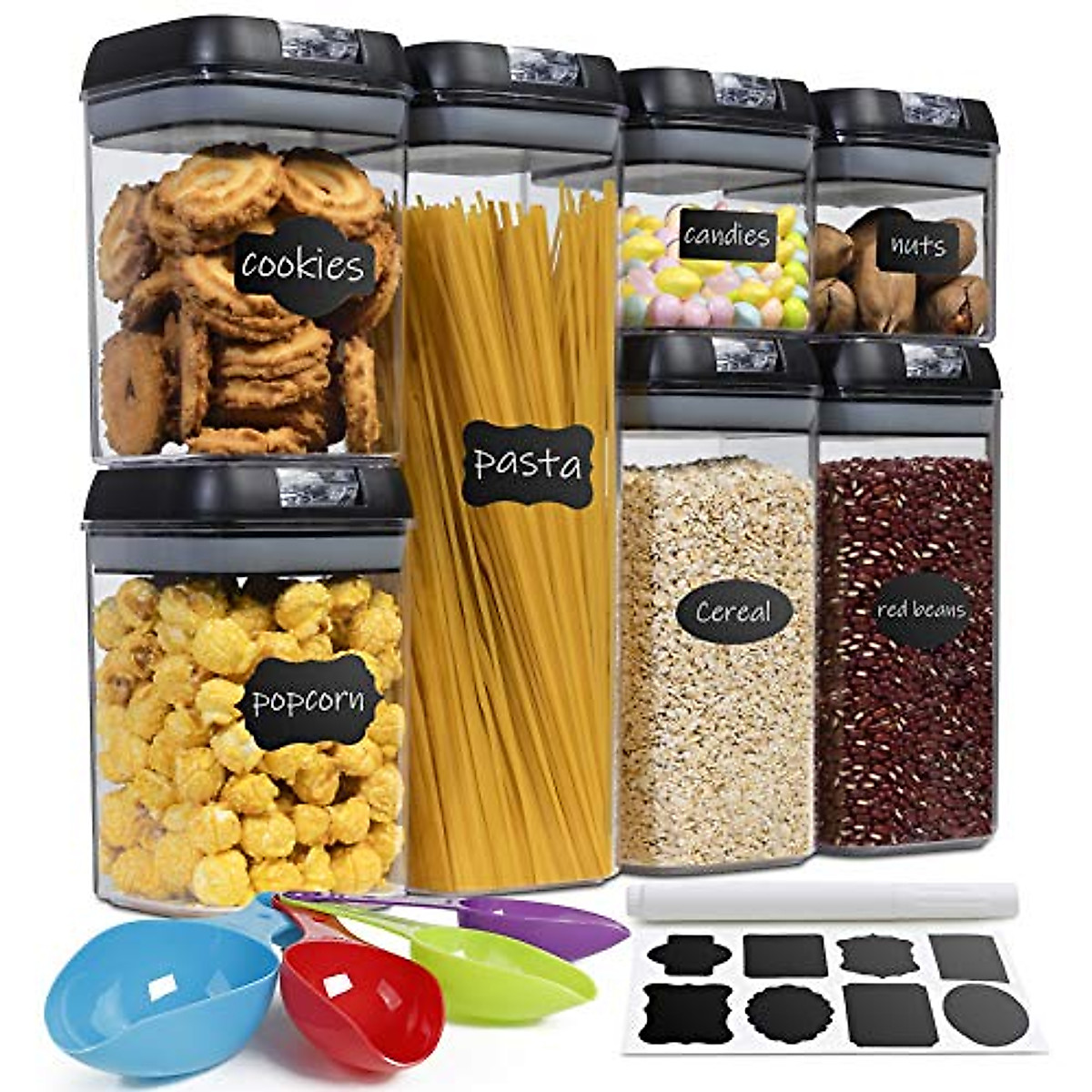 Airtight Food Storage Containers Kitchen-Cereal-Organization - McKain 7 Pieces BPA Free Plastic Pantry Container Set with 24 Labels and Spoon Set