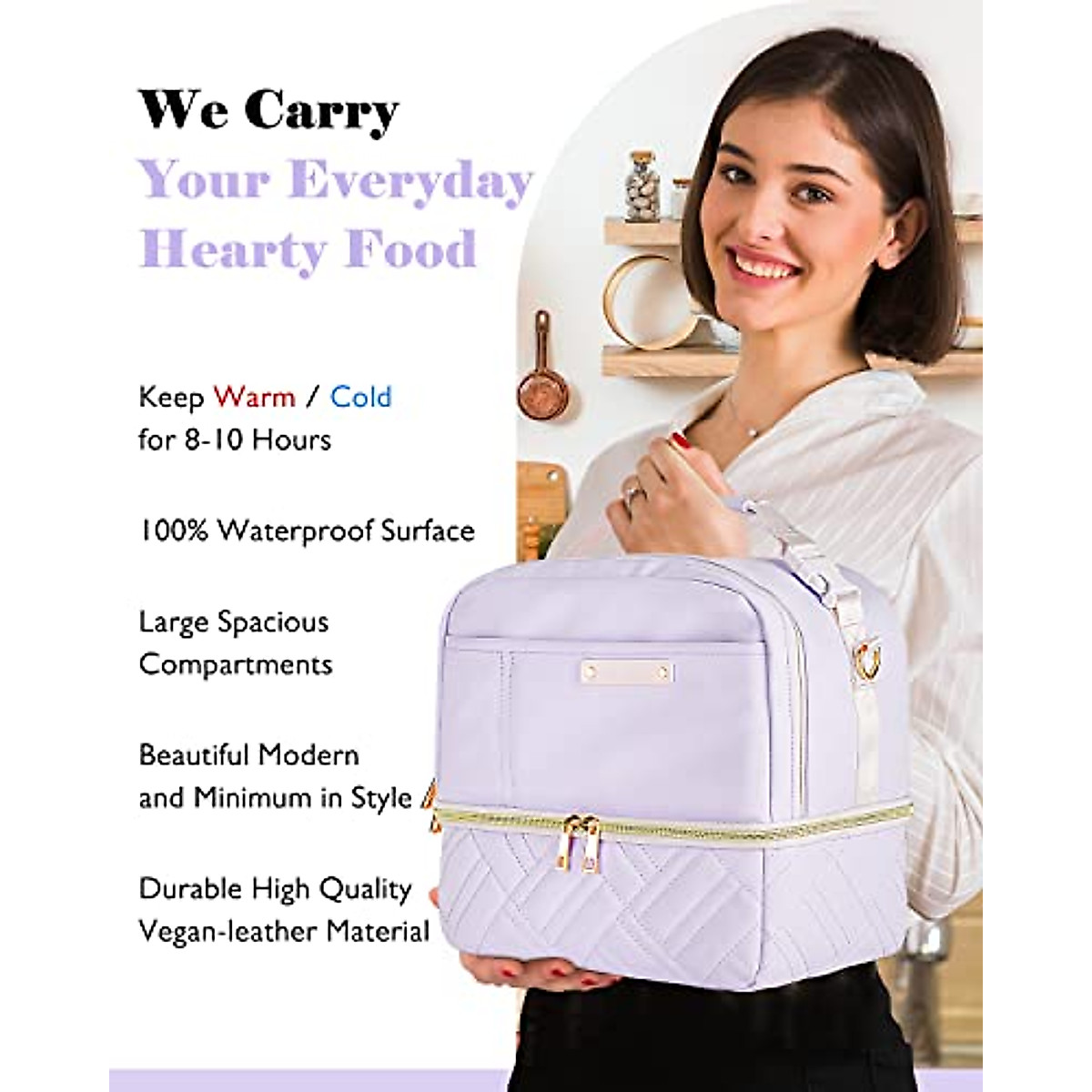 GLORIEROO® Lunch Bag Women Men, Large Insulated Lunch Box Tote Cooler - Stylish Vegan Leather 2 Tier Lunch Bag with Adjustable Shoulder Strap for Adults Travel Work, Purple