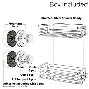 HASKO accessories Suction Cup Shower Caddy, Bath Shelf with Hooks, 2 Tier Wall Mounted Basket for Bathroom and Kitchen Storage, Adhesive 3M Stick Discs Included (Polished Stainless Steel SS304)