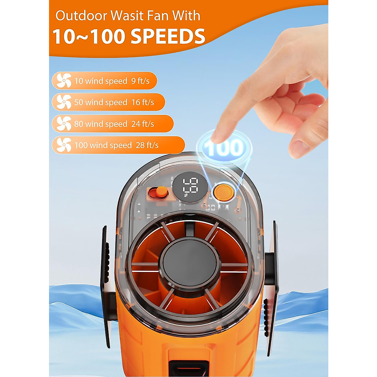 2024 Upgraded Portable Waist Fan 100 Speed 12000rpm Top-Notch Wind 20h Working Time, Personal Belt Fan Clip On Waist Cooling For Shirt,Battery Powered For Outdoor, Working, Camping, Hiking(Orange)