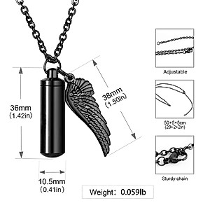 XIUDA Urn Necklace for Ashes with Angel Wing Cremation Jewelry for Ashes Cylinder Pendant Necklaces for Ashes(Black)