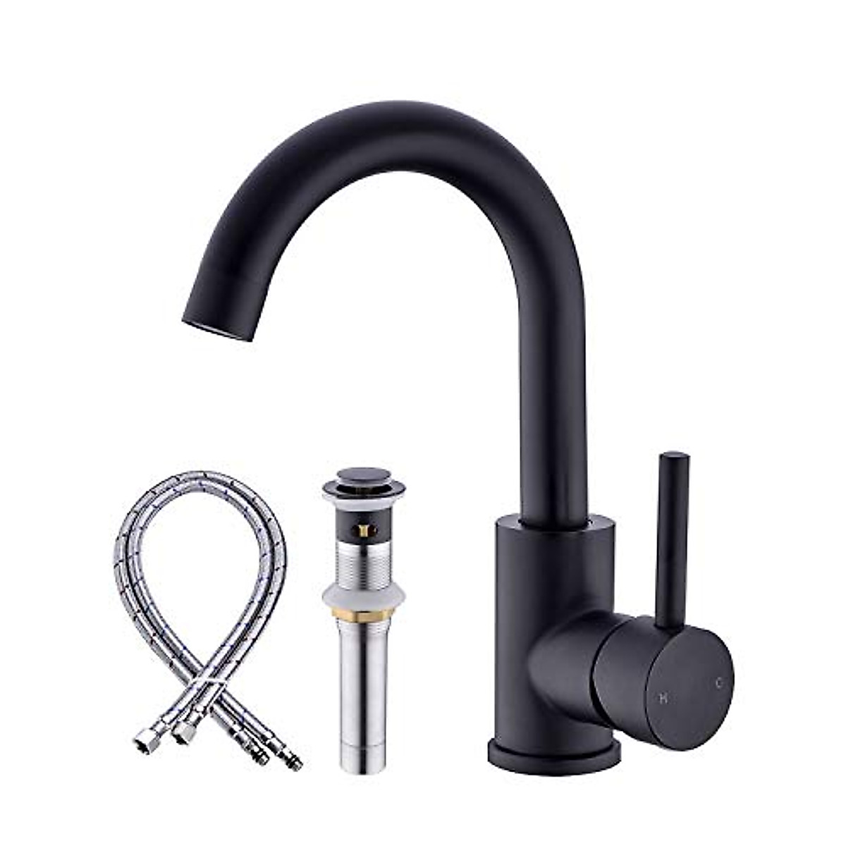 Anpean Single Handle Bathroom Sink Faucet 1-Hole with Pop-Up Drain and Water Supply Lines, Matte Black