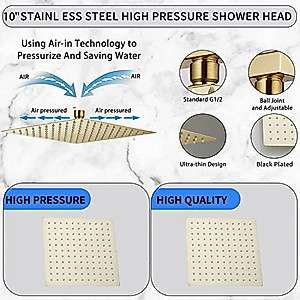 Brushed Gold Shower Faucet GGStudy Single Function Shower Trim Kit with Rough-in Valve Shower Set Bath Rainfall Shower Faucet System 10 inch Square Stainless Steel Metal Shower Head
