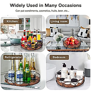 12.5" Wooden Lazy Susan Turntable, Kitchen Table Top Spice Organizer with Steel Frame, 360 Degree Rotating Lazy Susan Tray for Countertop, Cabinet, Dining Table, Bathroom