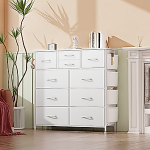 YaFiti 10 Drawer Dresser, Chest of Drawers for Bedroom, PU Dresser with Side Pockets, Hooks, Wooden Top and Sturdy Metal Frame for Living Room, Closet, Hallway (White)