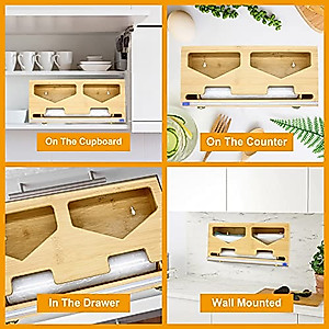 SHANGYIREN 3 in 1 Foil and Plastic Wrap Organizer with Sandwich Bag Plastic Wrap Dispenser with Cutter Ziplock Bag Organizer Kitchen Organization and Storage Bamboo Aluminum Foil Dispenser