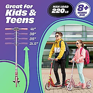 Scooter for Kids Ages 6-12 - Scooters for Teens 12 Years and Up - Adult Scooter with Anti-Shock Suspension - Scooter for Kids 8 Years and Up with 4 Adjustment Levels Handlebar Up to 41 Inches High