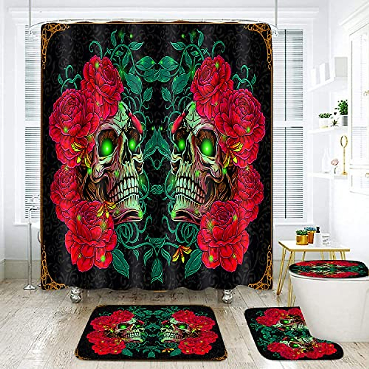 SDDSER Skull Shower Curtain Set, 4PCS Red Rose Skeleton Bathroom Sets with 72"" Polyester Shower Curtain and Bath Mat, Toilet Lid Cover and U Shaped Rug, 12 Hooks, SETMLSD60
