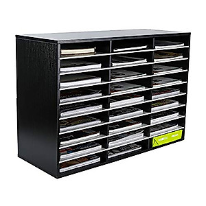 PAG Wood Literature Organizer Office Home File Sorter Mail Center Paper Storage Holder Classroom Keepers Mailbox, 27 Slots Compartment, Black&White